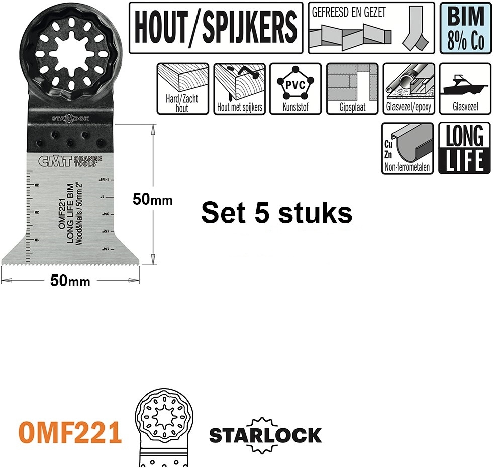 CMT OMF221-X5 Multitoolzaagblad voor hout met spijkers 50 mm 5 Stuks