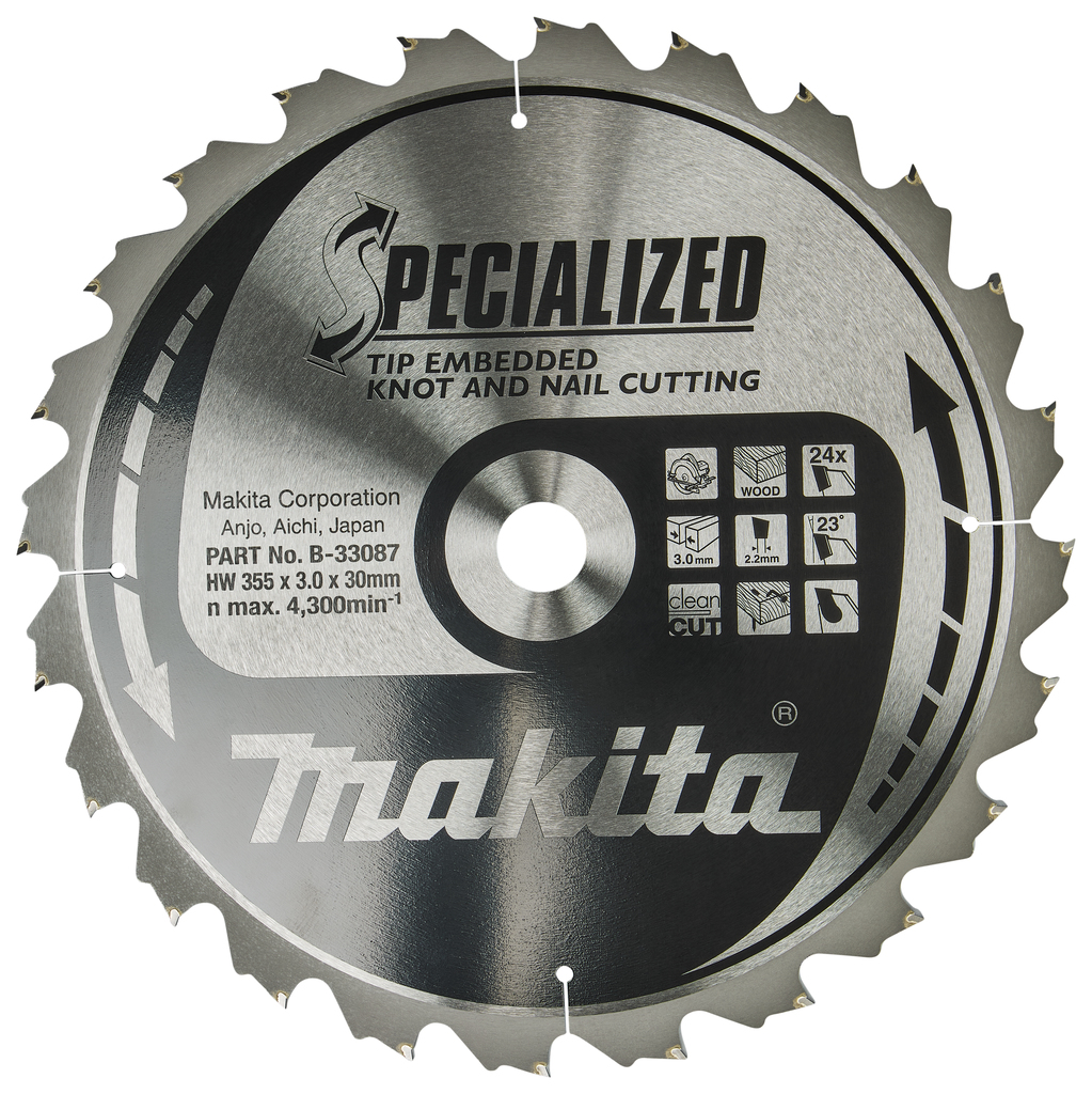 Makita Accessoires B-33087 Cirkelzaagblad Hout (noest/spijker) Embedded Tip 355x30x3,0 24T 23g